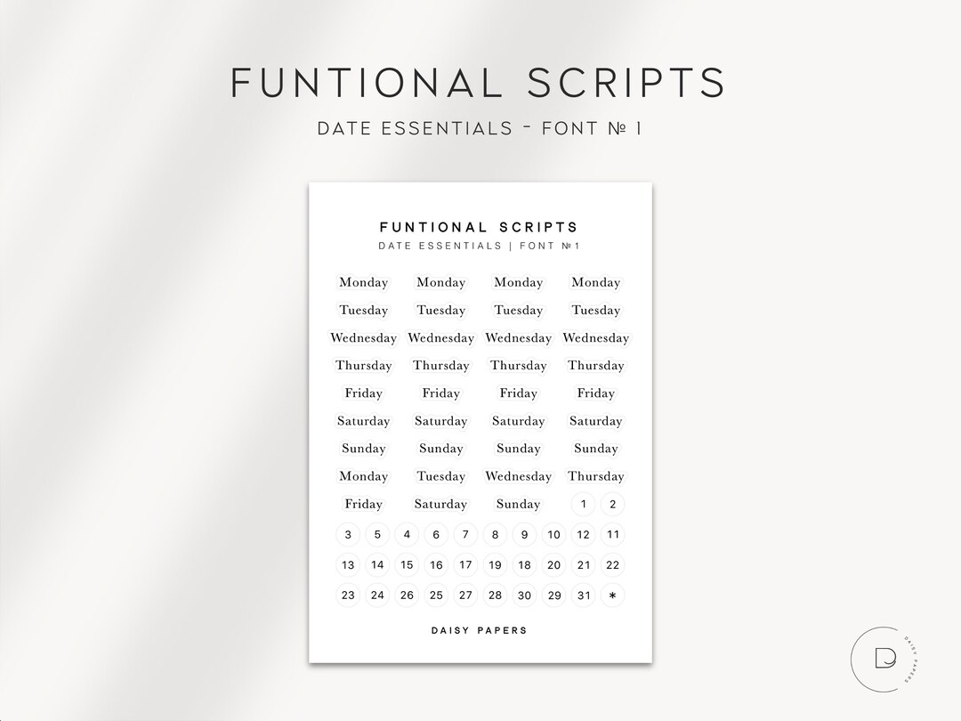 DATE ESSENTIALS | FONT #1 - Functional Scripts - Monday to Sunday and ...