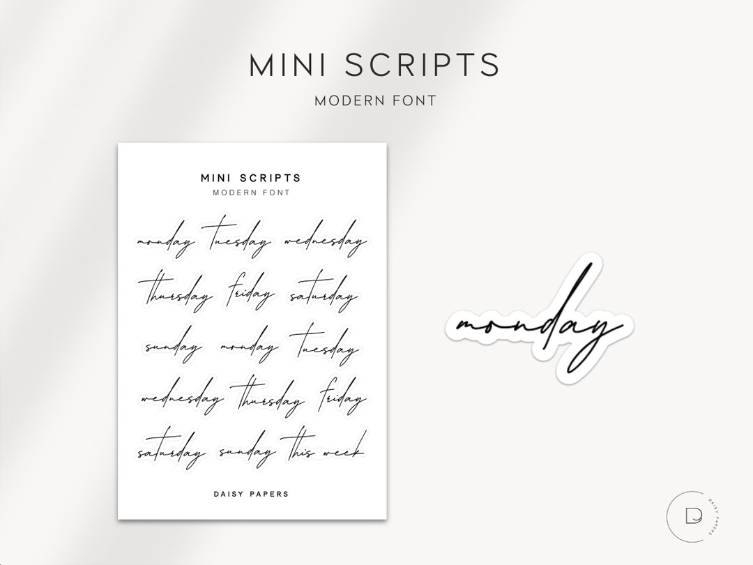 DAYS of the Week MODERN Font Transparent Mini Script Stickers Minimal ...