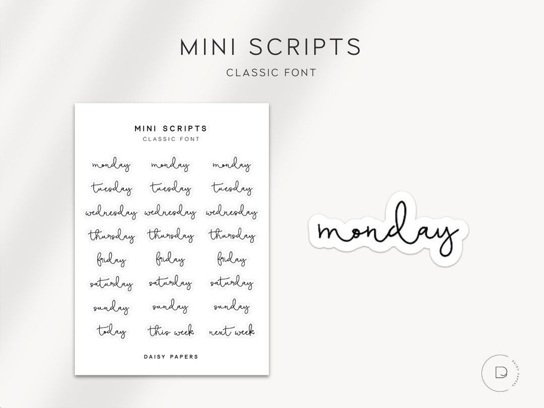 DAYS of the Week CLASSIC Font Transparent Mini Script Stickers Minimal ...