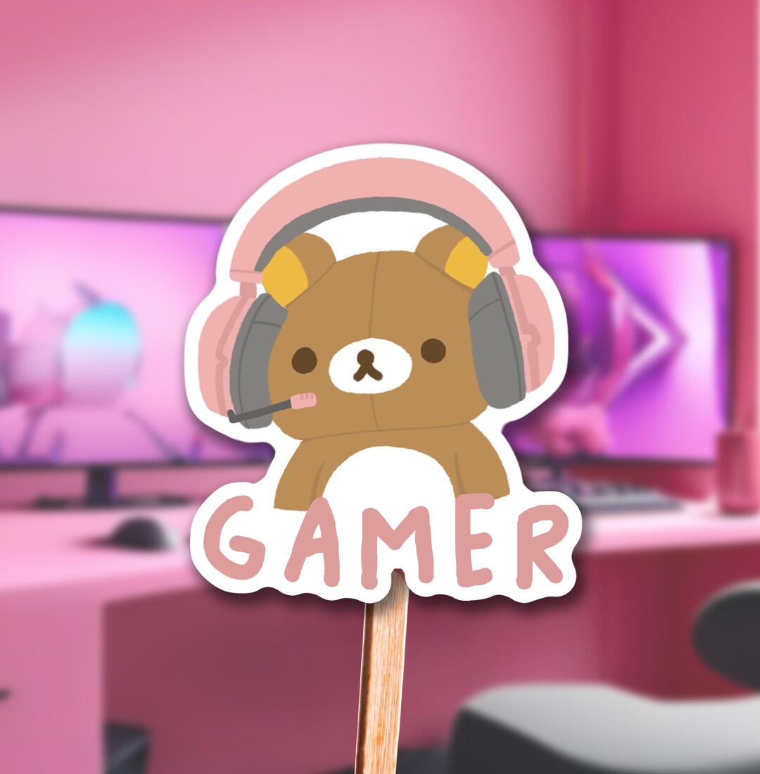 Brown Gamer Bear With Pink Headset Vinyl Sticker - Etsy