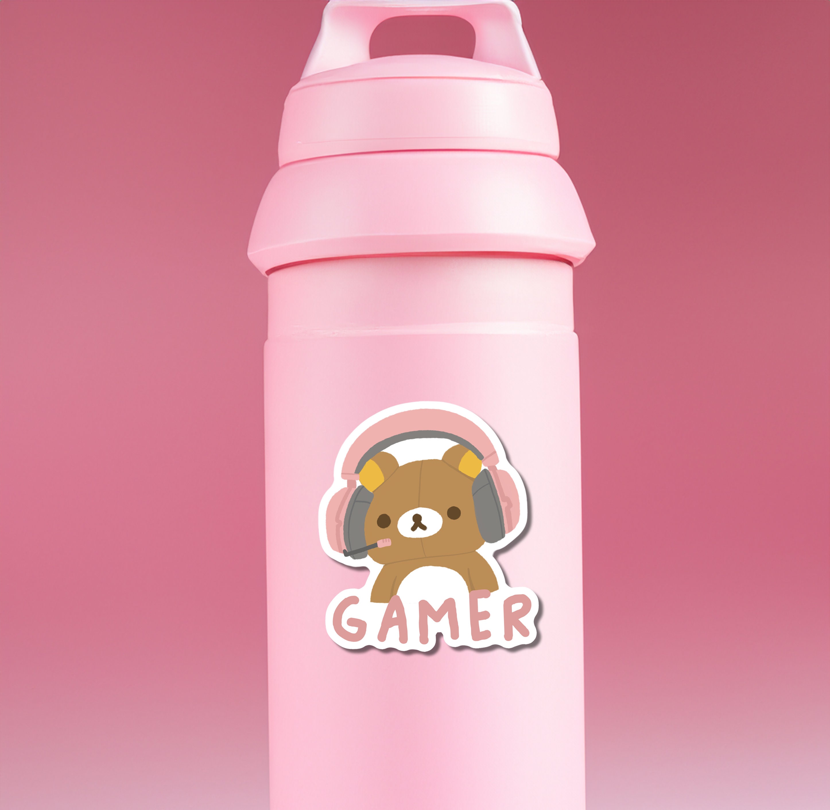 Brown Gamer Bear With Pink Headset Vinyl Sticker - Etsy