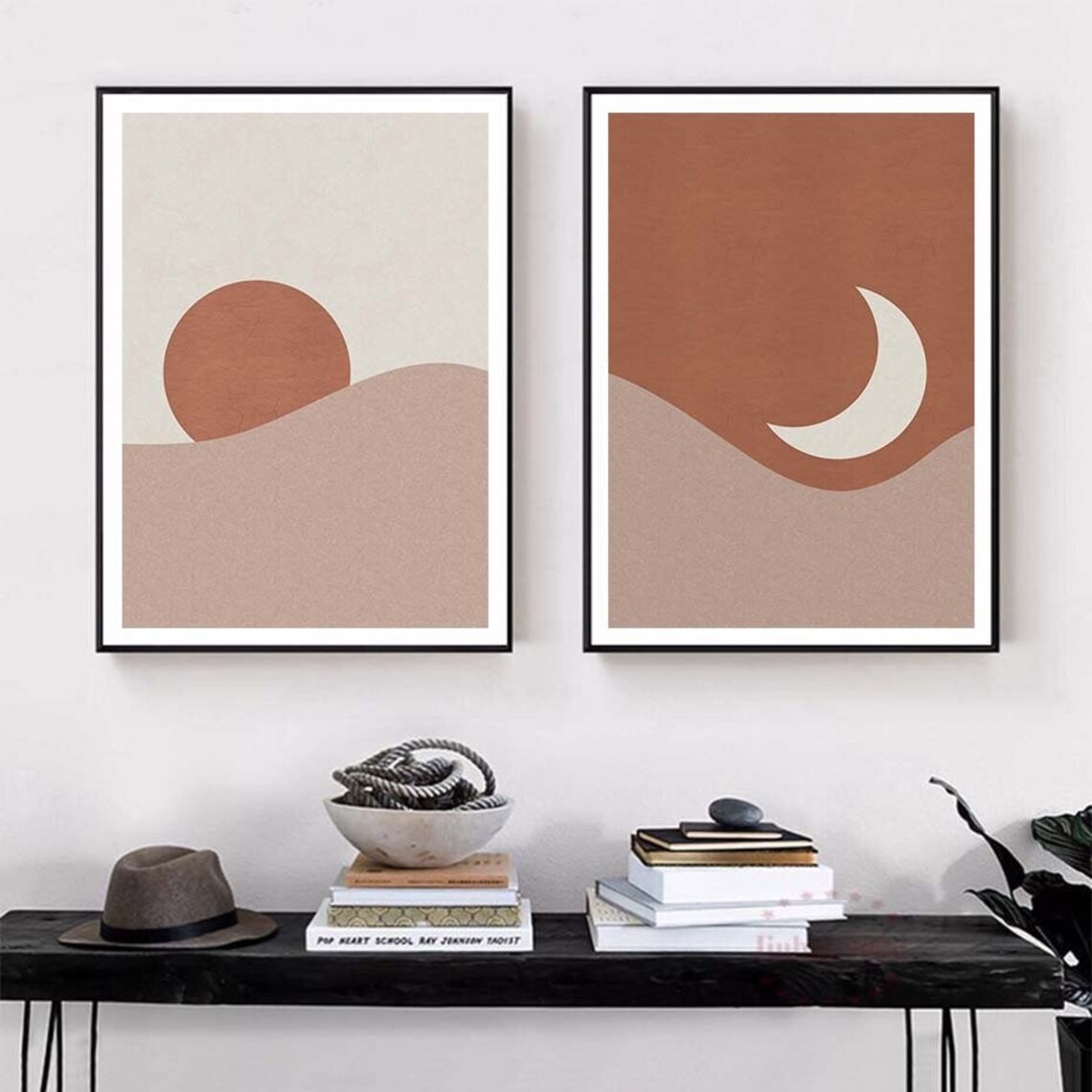 Abstract Landscape Sun and Moon Scene Boho Wall Art Set of 2 Prints ...