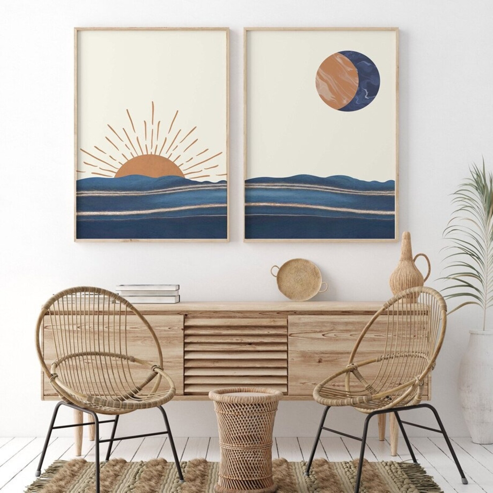 Abstract Landscape Ocean Sun Moon Sunrise Wall Art Set of 2 Prints ...