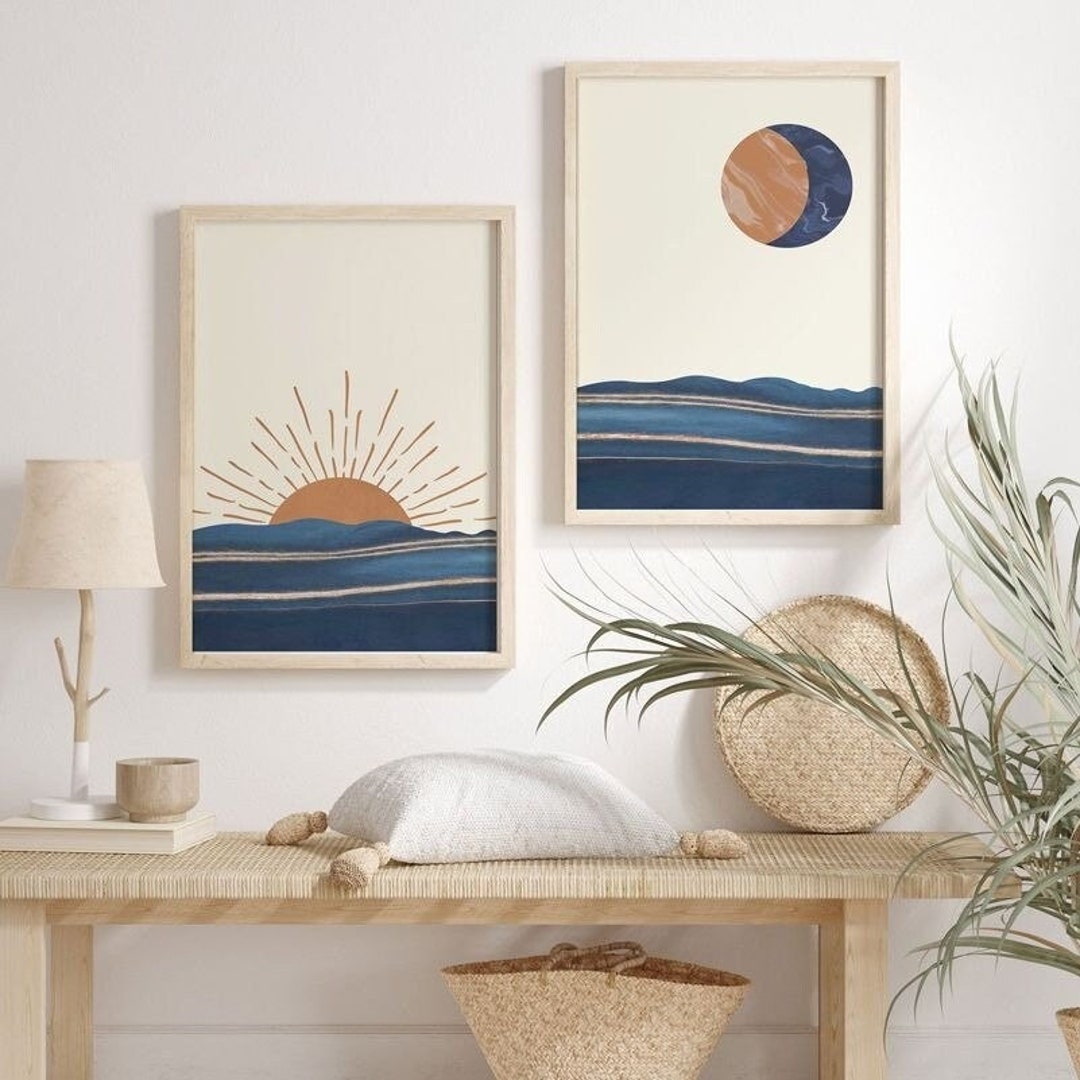 Abstract Landscape Ocean Sun Moon Sunrise Wall Art Set of 2 Prints ...