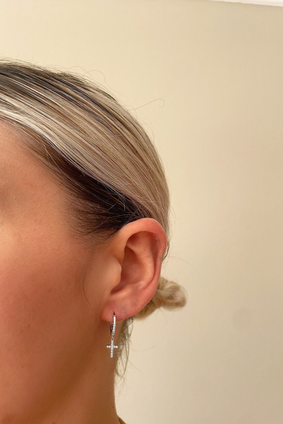 Silver Cross Huggie Hoops, Mini Cross Hoops, Diamond Paved Huggie Hoops, Cross Hoops - Etsy