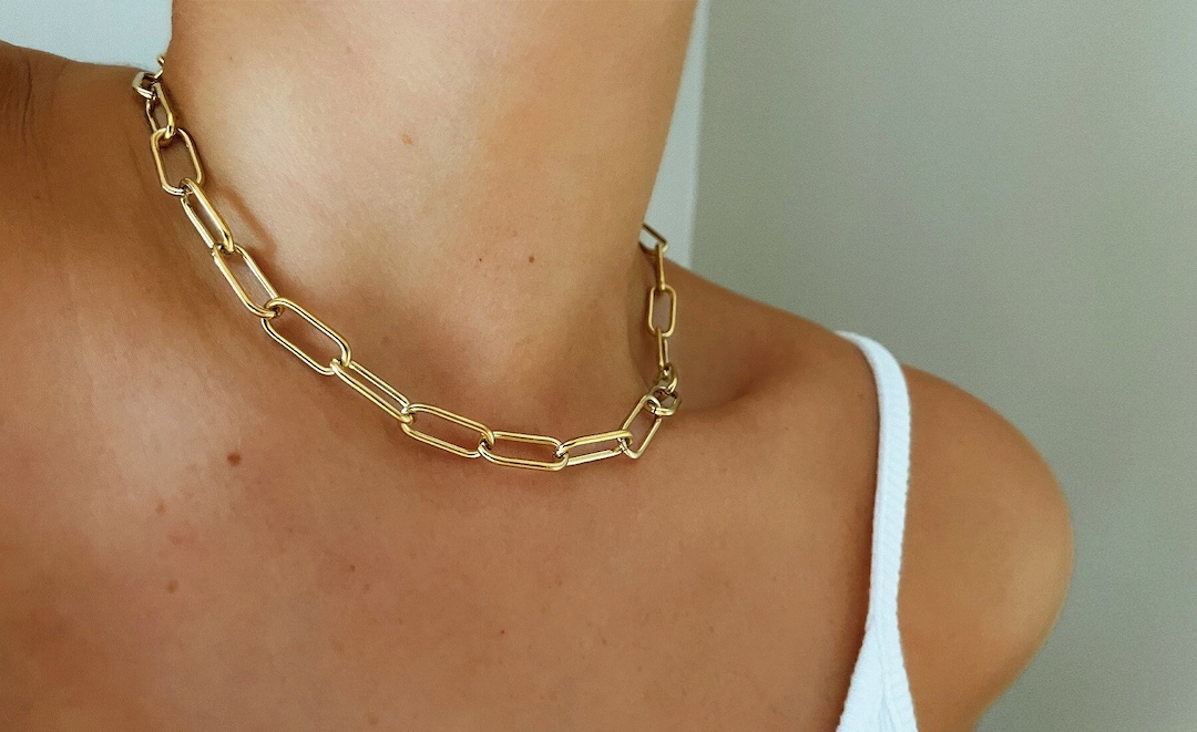 Chunky Paperclip Layering Chain Necklace, Chunky Gold Choker, Gold ...