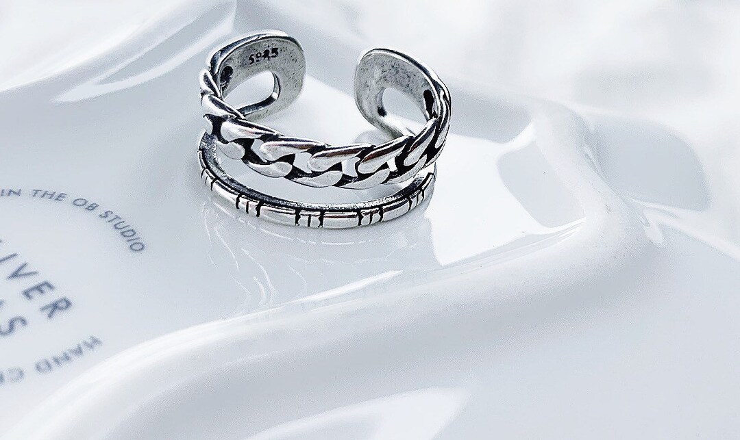 Silver Double Band Curb Chain Ring: Chunky Stackable Design - Etsy
