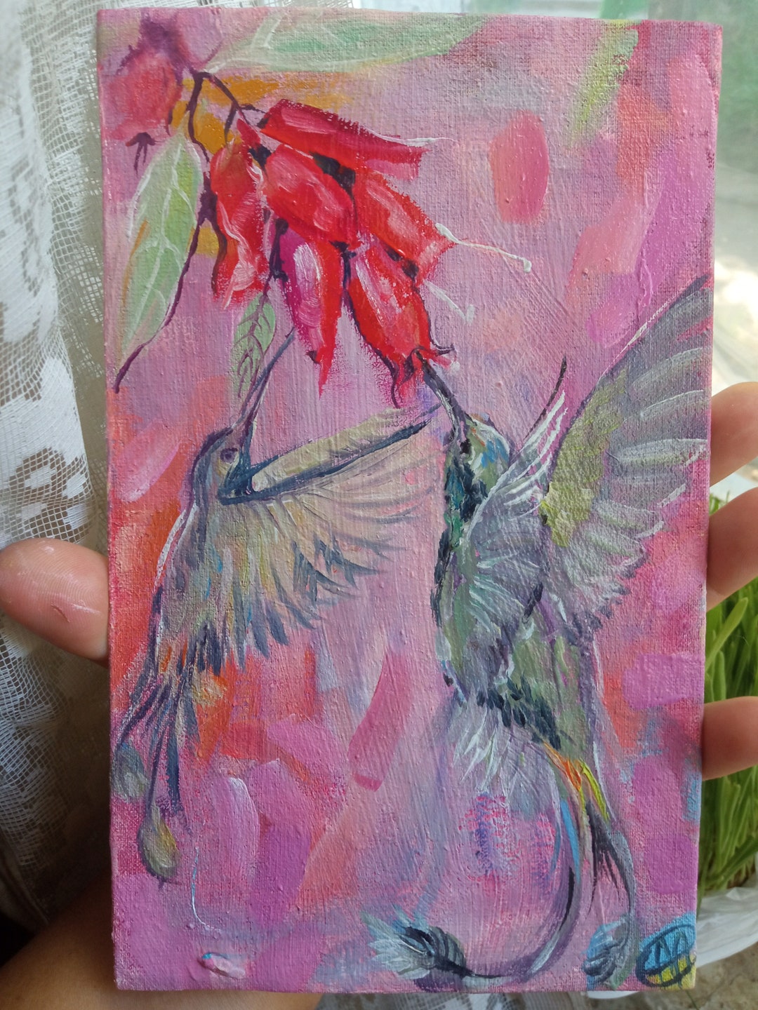 Hummingbird Oil Painting Original Birds Art Work Exotic Hibiscus ...