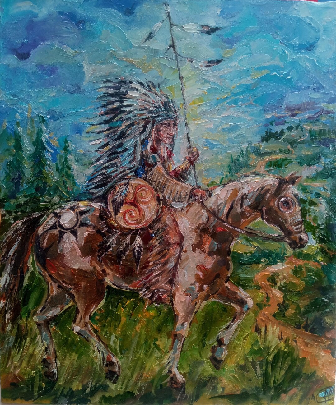 Native American Painting Indiana Chief on Spotted Horse in the Prairies ...