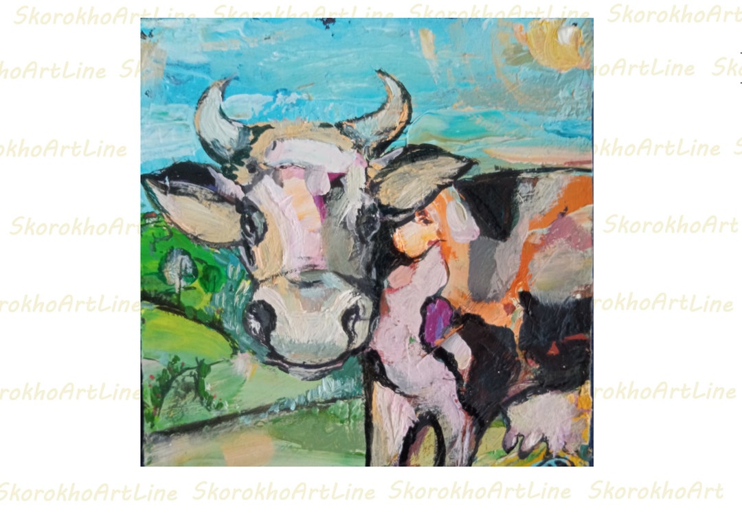 Cow Painting Original Impasto Farm Animals Miniature Wallart Funny Bull ...