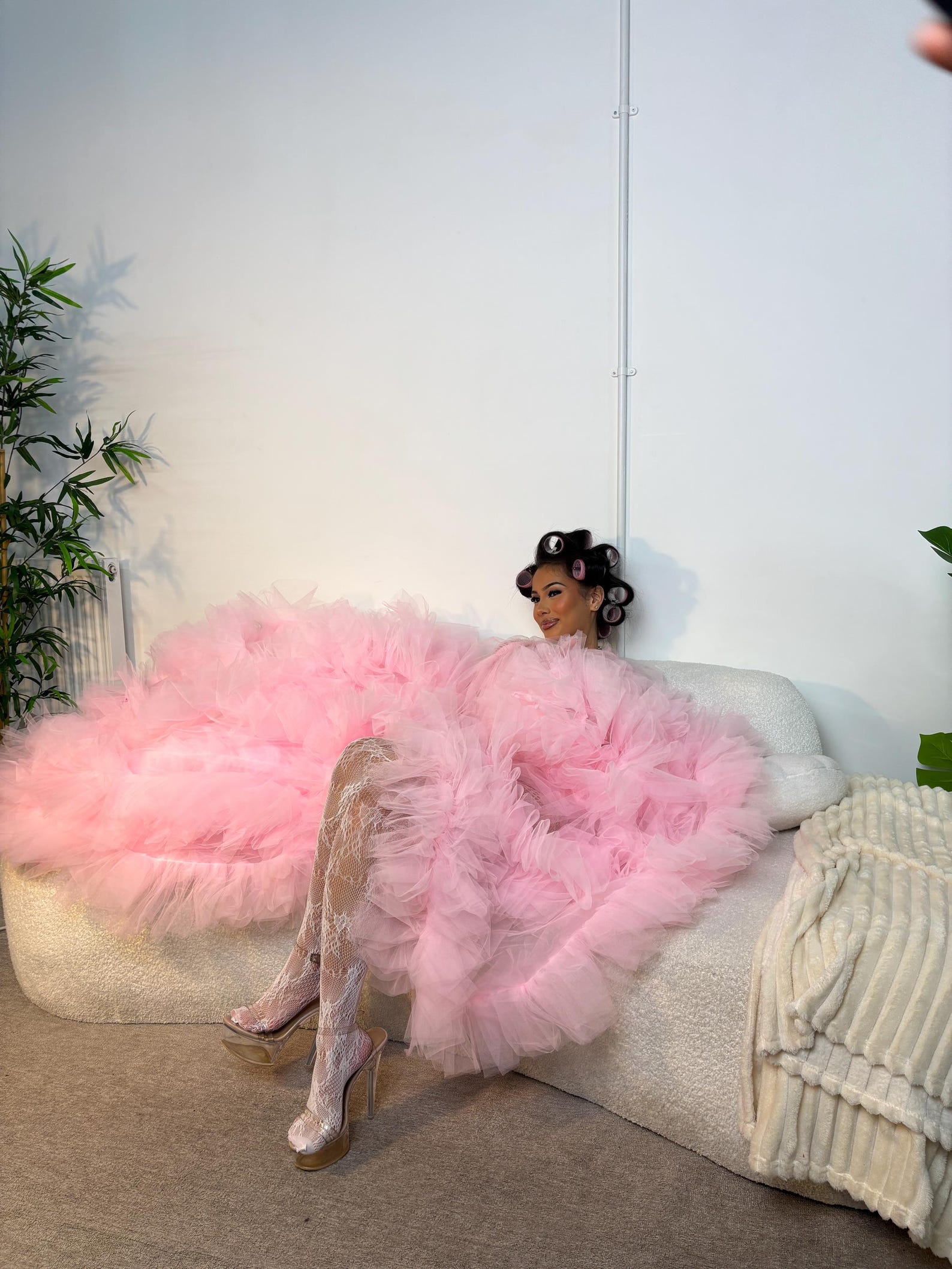Pink Ruffle Tulle Gown | Fluffy Sheer Robe With Train | Luxury ...