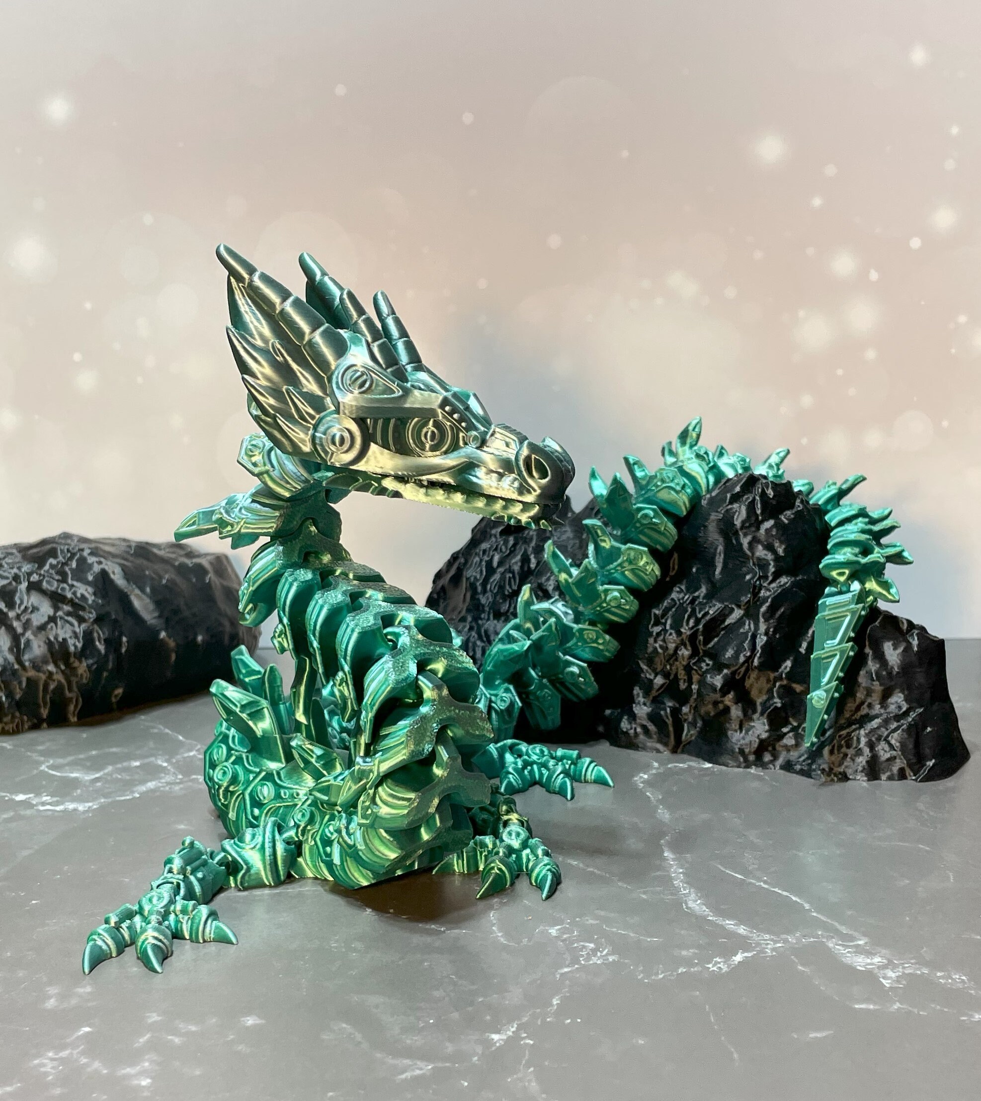 Mech Dragon Green and Chrome 3D Printed Articulated Dragon PLA Printed ...
