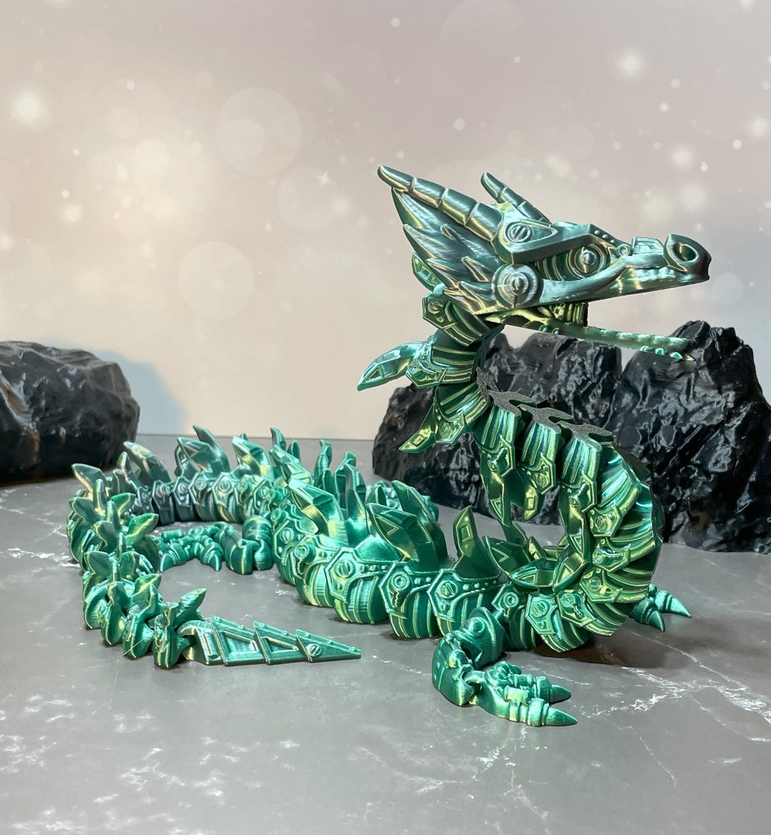 Mech Dragon Green and Chrome 3D Printed Articulated Dragon PLA Printed ...