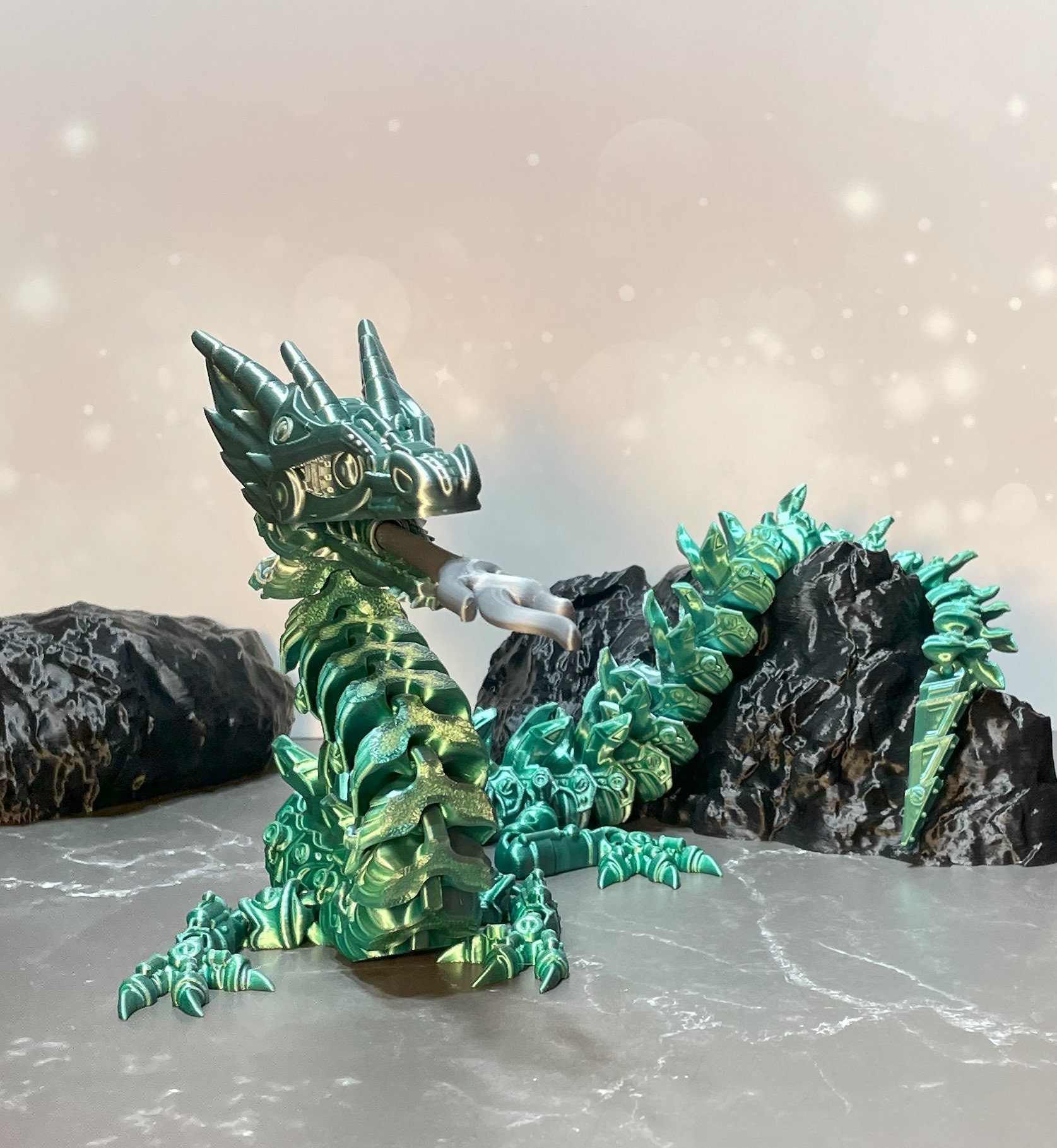 Mech Dragon Green and Chrome 3D Printed Articulated Dragon PLA Printed ...