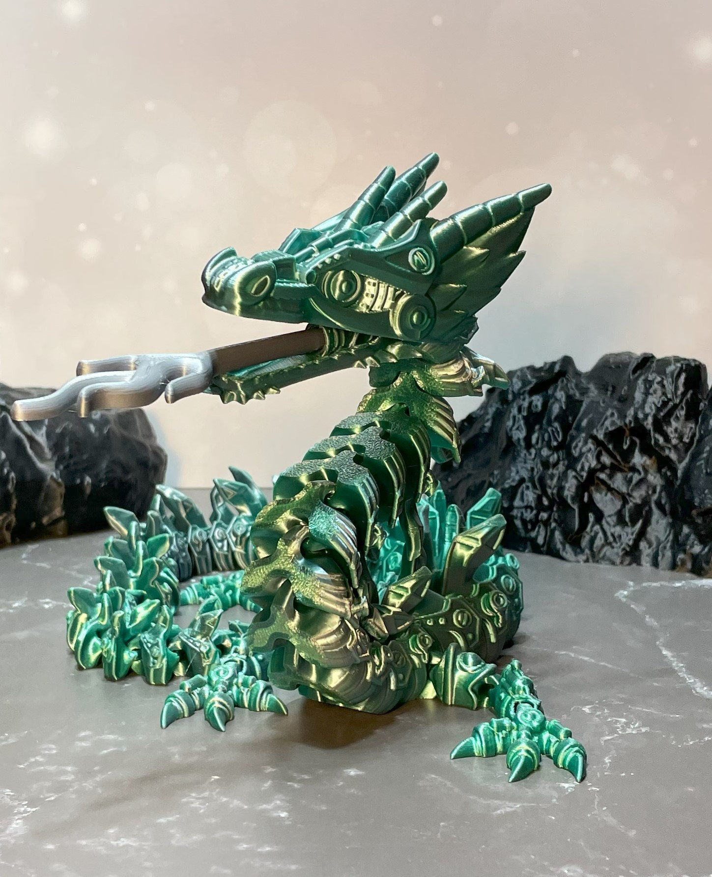Mech Dragon Green and Chrome 3D Printed Articulated Dragon PLA Printed ...