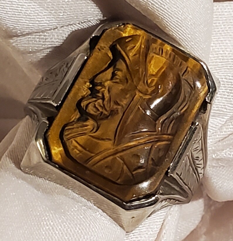 Vintage 1930's 10k Gold Carved Tiger Eye Cameo Art Deco Ring With Box ...