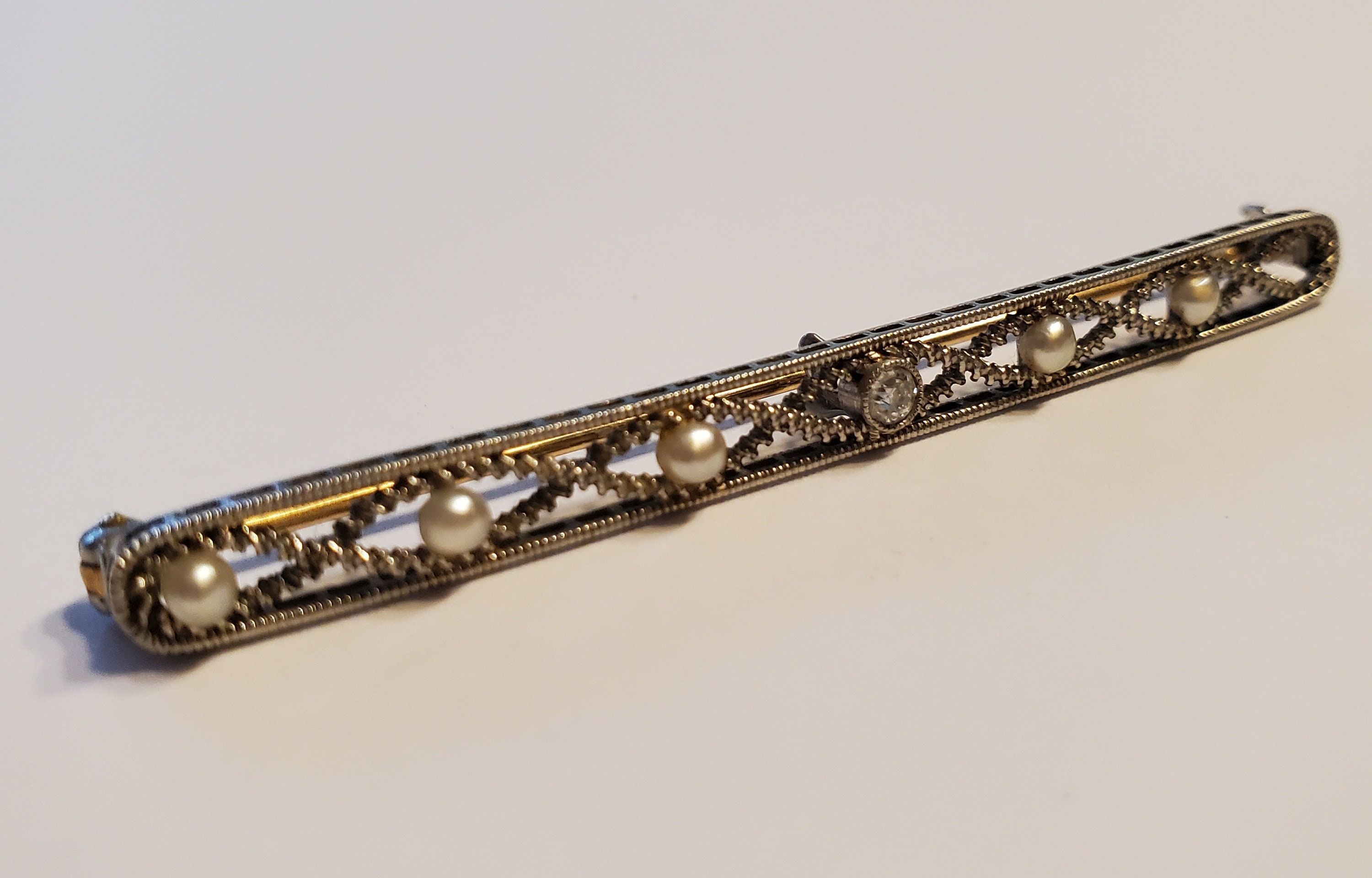 Vintage 1910's 14k Art Deco Krementz Bar Pin With Seed Pearls and ...
