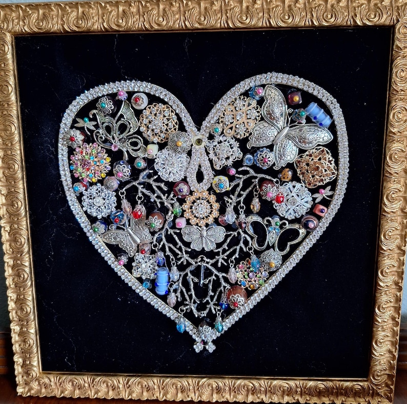 Jewelry and Bead Heart Art on Black Velvet - Etsy