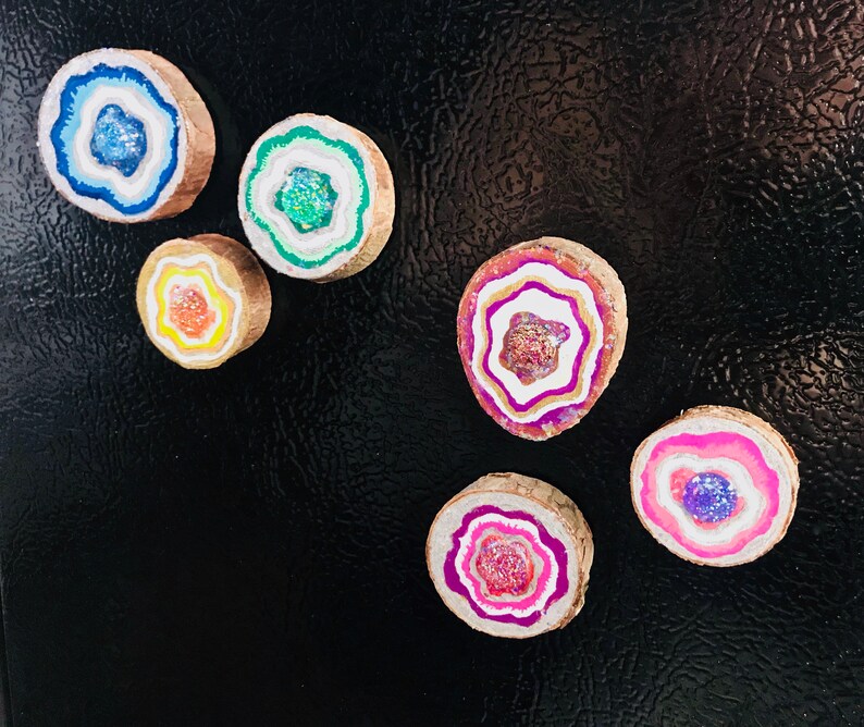Set of 3 Geode Druzy Magnets/ Wood Slice Art/ Pretty Gemstone | Etsy