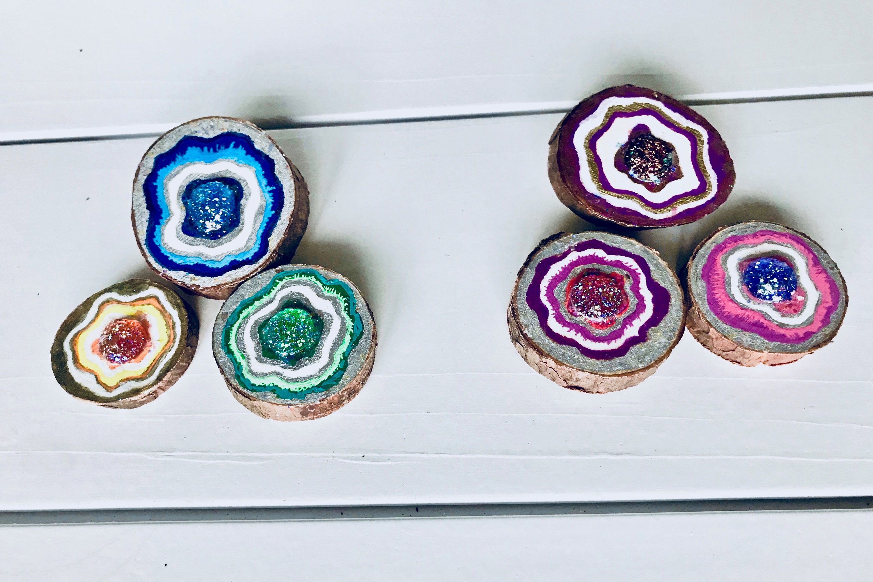 Set of 3 Geode Druzy Magnets/ Wood Slice Art/ Pretty Gemstone | Etsy
