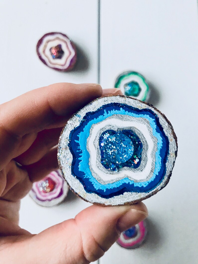 Set of 3 Geode Druzy Magnets/ Wood Slice Art/ Pretty Gemstone | Etsy