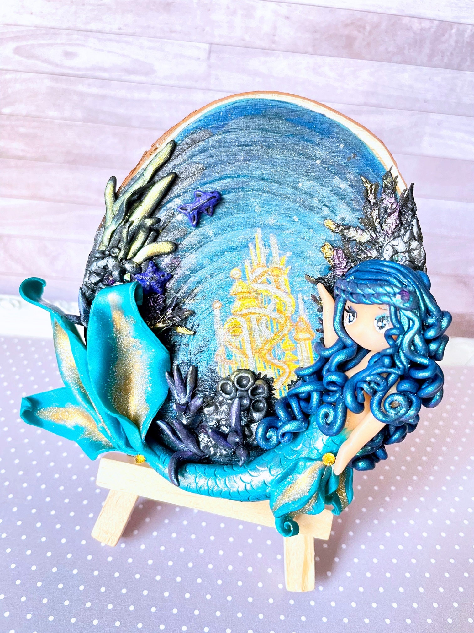 Little Mermaid Castle Polymer Clay Wood Slice Art/ Mermaid | Etsy
