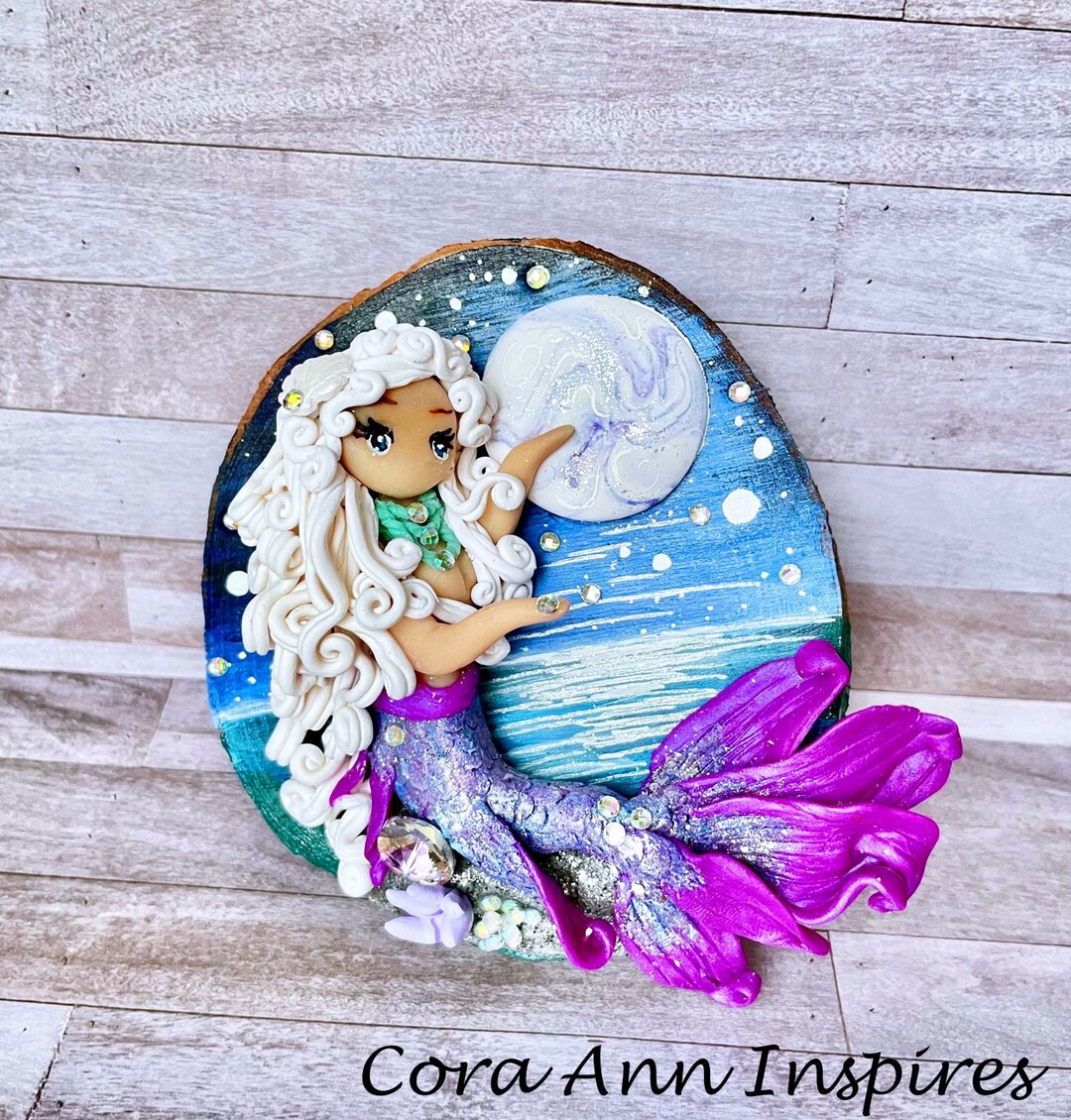 Moon and Stars Polymer Clay Mermaid Doll Wood Slice Art/ Mermaid Wall ...