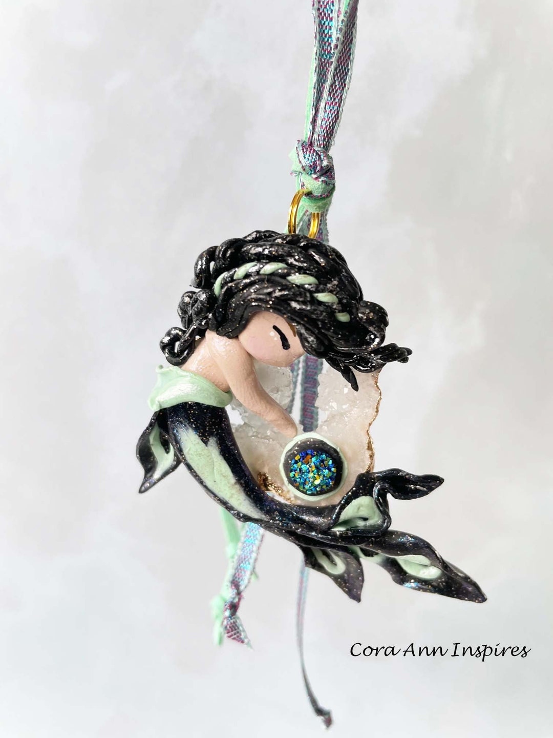 Mint and Black Mermaid Geode/ Polymer Clay Mermaid Ornament/ Mermaid ...