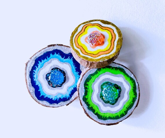 Set of 3 Geode Druzy Magnets/ Wood Slice Art/ Pretty Gemstone | Etsy