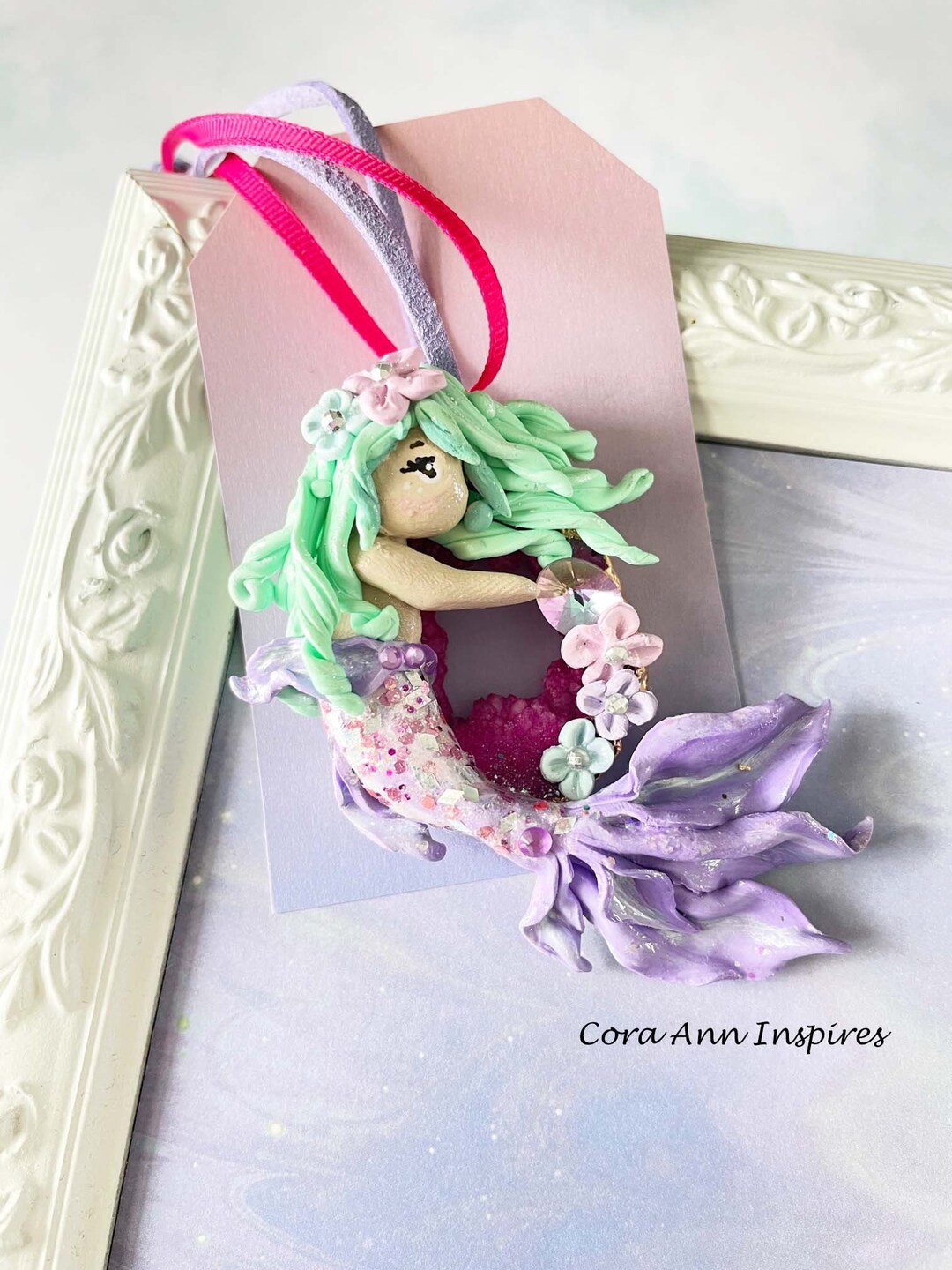 Mint & Purple Mermaid Geode Ornament: Polymer Clay Fantasy Decor - Etsy