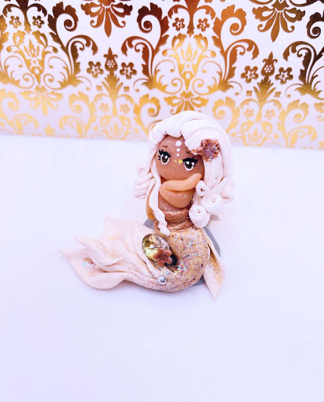 Golden Polymer Clay Mermaid Figurine, Little Mermaid Art, Mermaid Cake ...