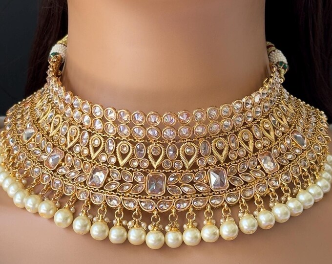 White Gold Polki Kundan Indian Bridal Necklace, Wedding Necklace, Fine ...