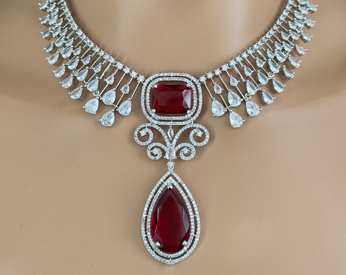 Ruby CZ Diamond Bridal Necklace Jewelry,indian Pakistani Wedding ...