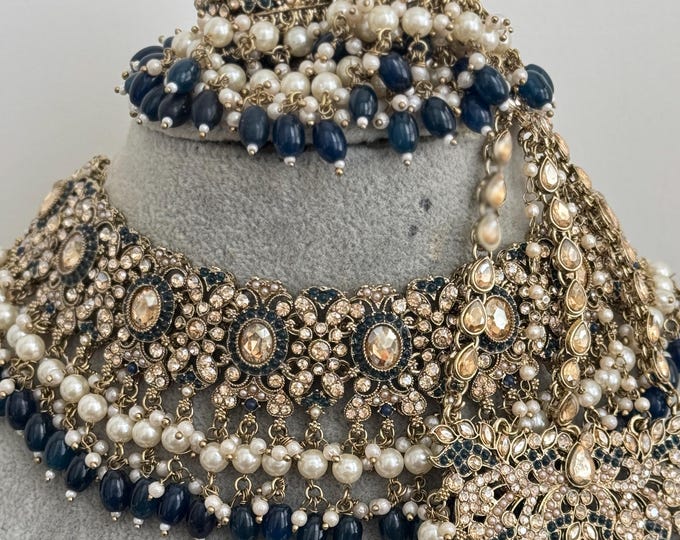 Blue Antique Shadow Stone Pearl Choker Necklace With Earrings and Tikka ...