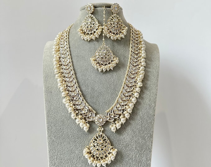 Pearl Kundan Long Necklace Set/gold Pakistani Maangtikka Necklace ...