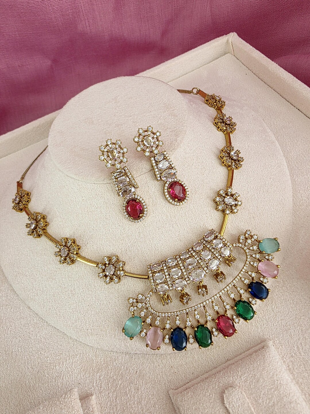 Multi Victorian CZ American Diamond Necklace/cz Pota Stones Necklace ...