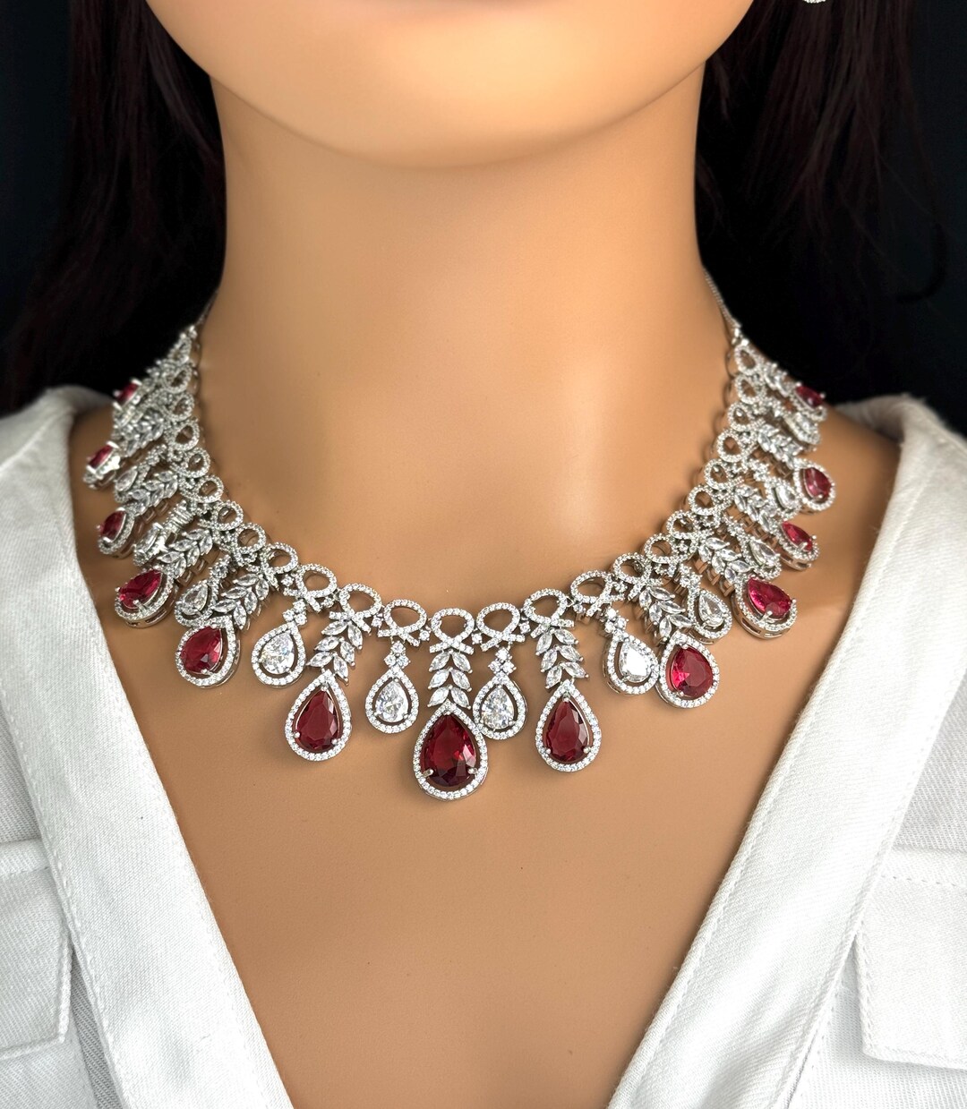 Ruby CZ Diamond Bridal Necklace Jewelry,indian Pakistani Wedding ...