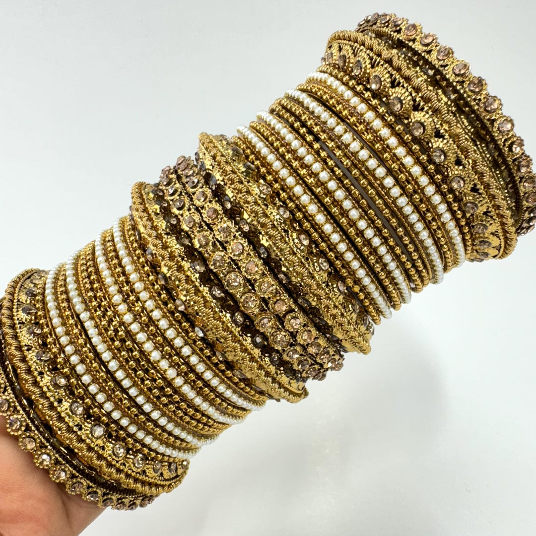 Bollywood Style Indian Stone Pearl Dull Gold Finished Bangles Set ...