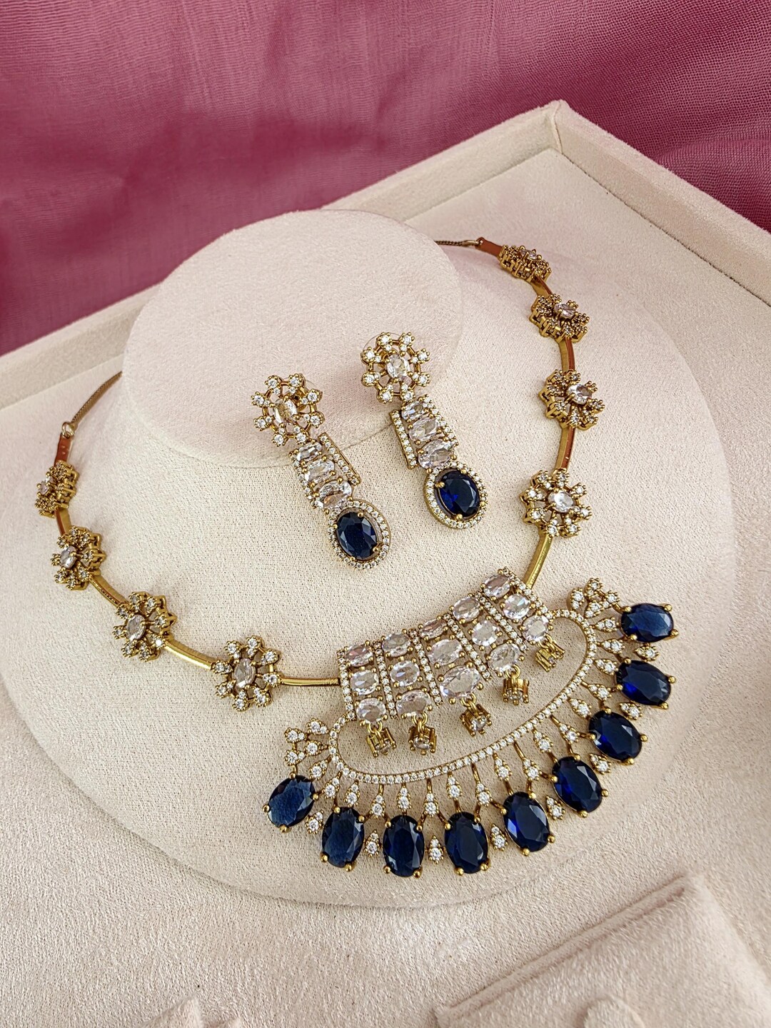 Blue Victorian CZ American Diamond Necklace/cz Pota Stones Necklace ...