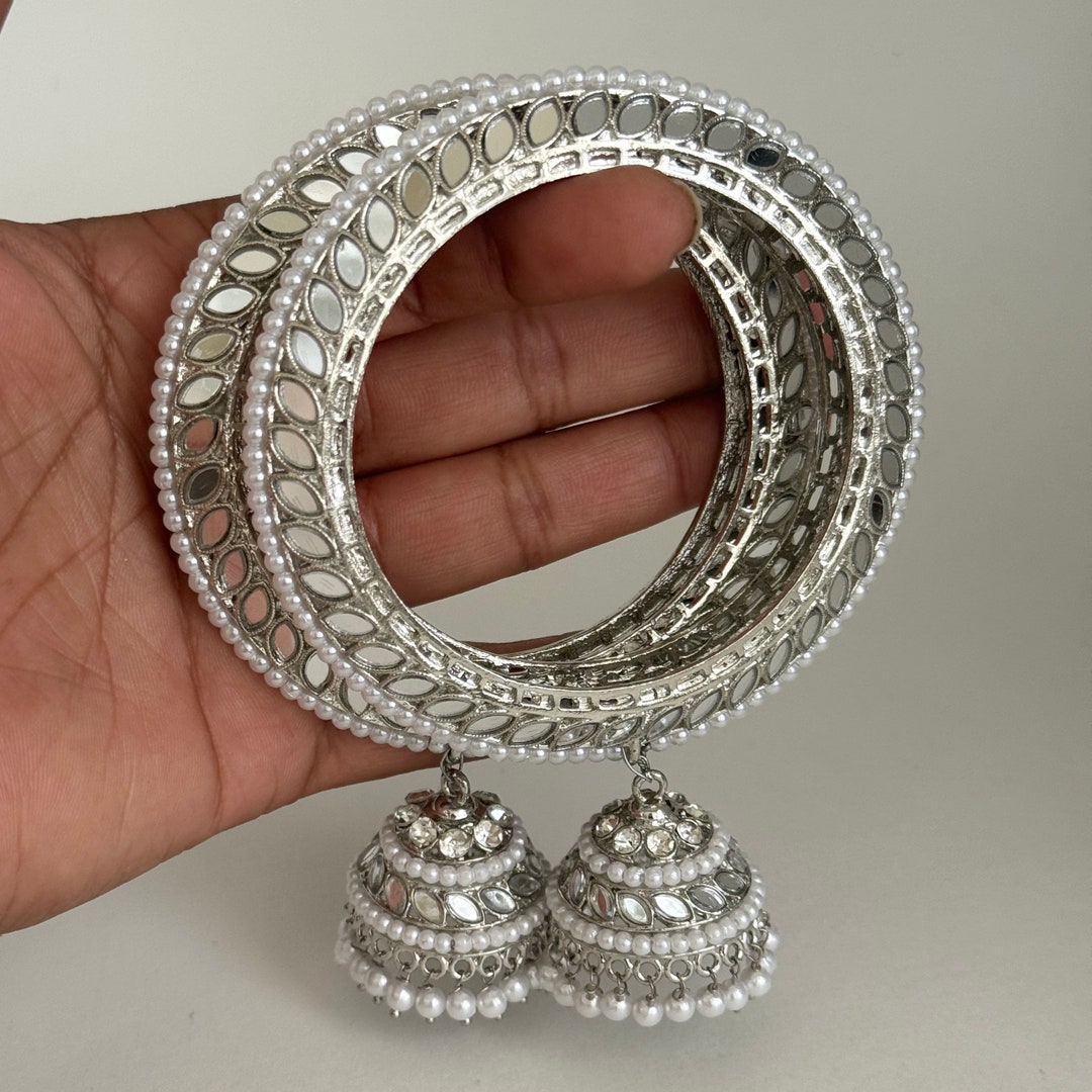 Bollywood Style Silver Mirror Pearl Bangles Set/punjabi Mirror Chuda ...