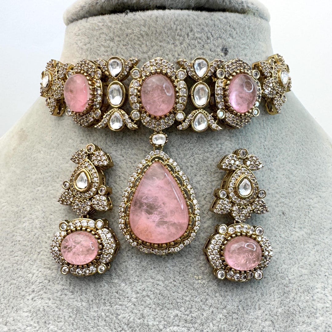 Pink Victorian Doublet Moissanite Polki Kundan Necklace Choker ...