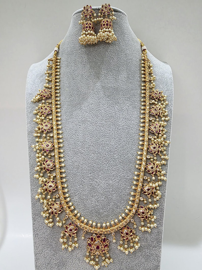 Ruby Antique Gold Lotus Long Necklace/gold Necklace/south Indian ...