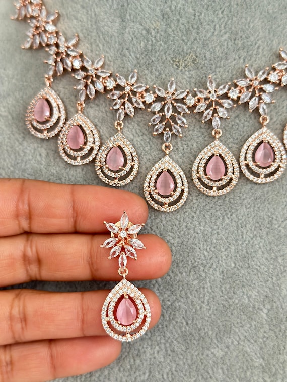 IndianJewelTrends Pink Rose Gold American Diamond necklace Diamond CZ Stones Necklace Elegant Unique Jewelry Indian Pakistani Bollywood Indian Wedding Bridal