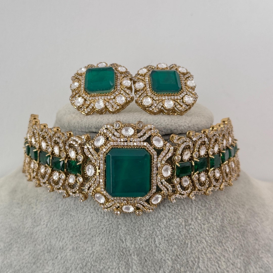 Green Victorian Doublet Moissanite Polki Cz Diamond Choker Necklace ...