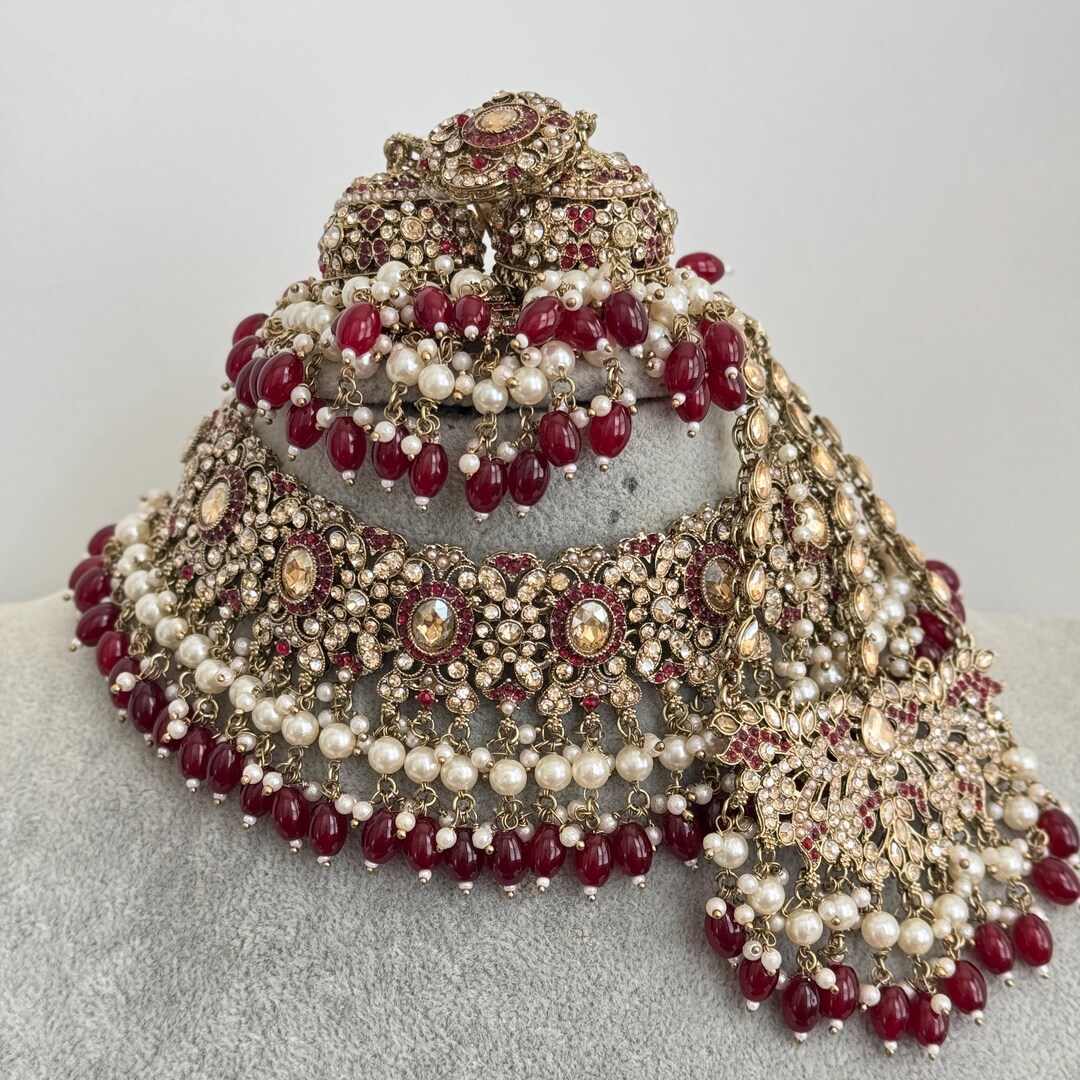 Maroon Antique Shadow Stone Pearl Choker Necklace With Earrings and ...