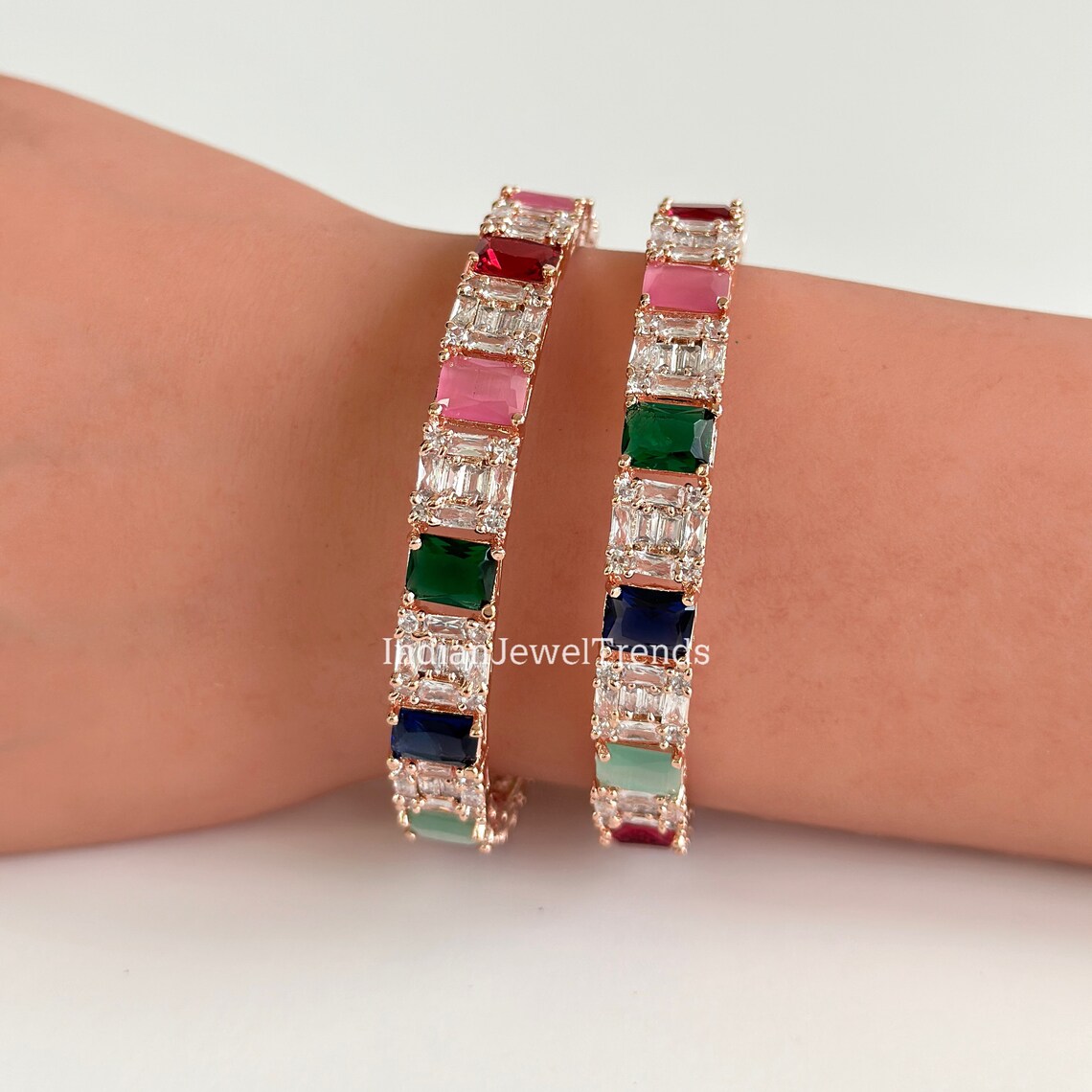 Multi Stones Rose Gold Diamond Bangles CZ Bangles Bracelets Indian ...