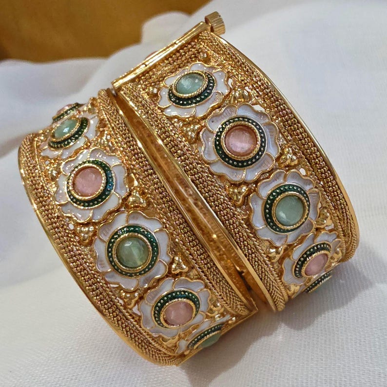 Classic Mint Pink Gold Plated Openable Bangles Pair\statement Kadas ...