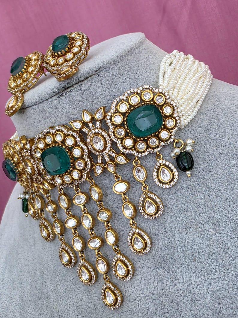 Emerald Victorian Moissanite Polki Kundan Necklace, Sabyasachi Designer ...