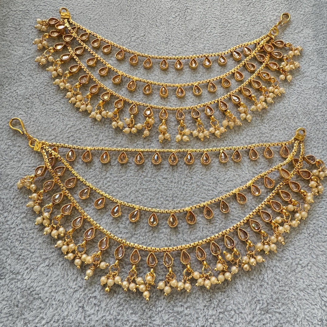 Antique Dull Gold Polki Pearl Ear Chain/sahare/pearl Kaan Chain/earring ...