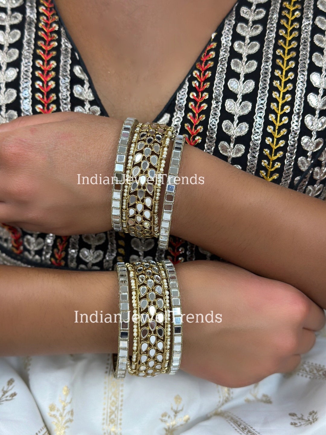 Restocked Bollywood Style Mirror Pearl Bangles 6pcs/punjabi Mirror Chuda Bangles Set/bridal ...